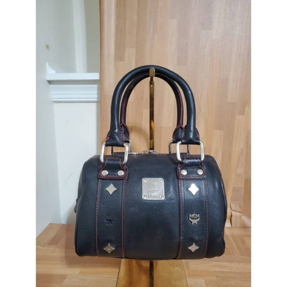 MCM | Bags | Authentic Mcm Black Boston Leather Satchel Embellished ...